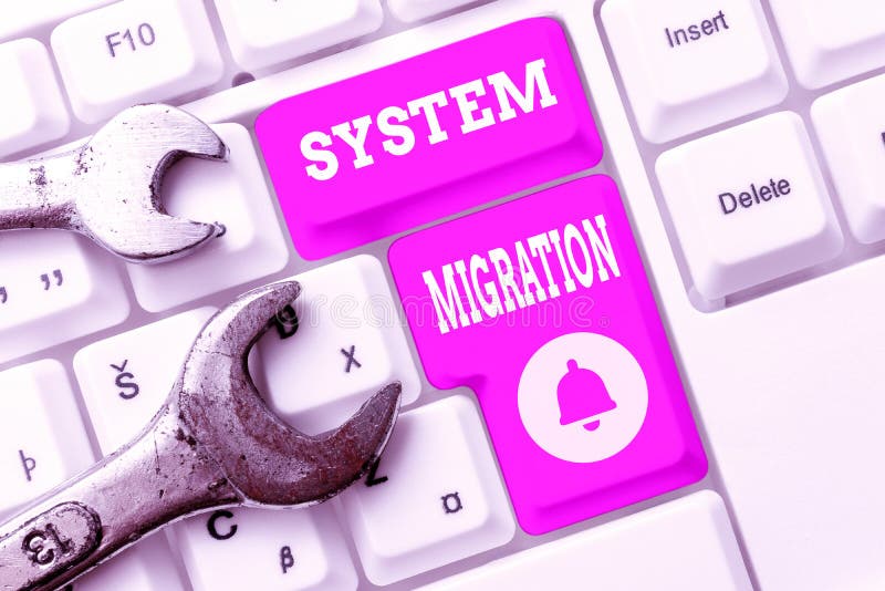 Hand Writing Sign System Migration. Word Written on Moving from the Use ...