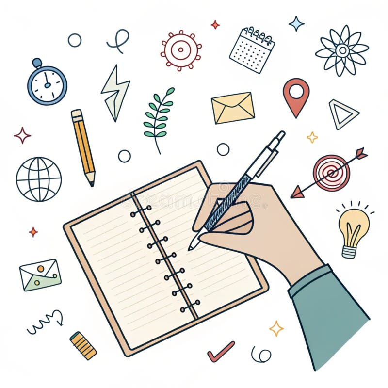 Hand Writing in a Spiral-bound Notebook Surrounded by Productivity ...