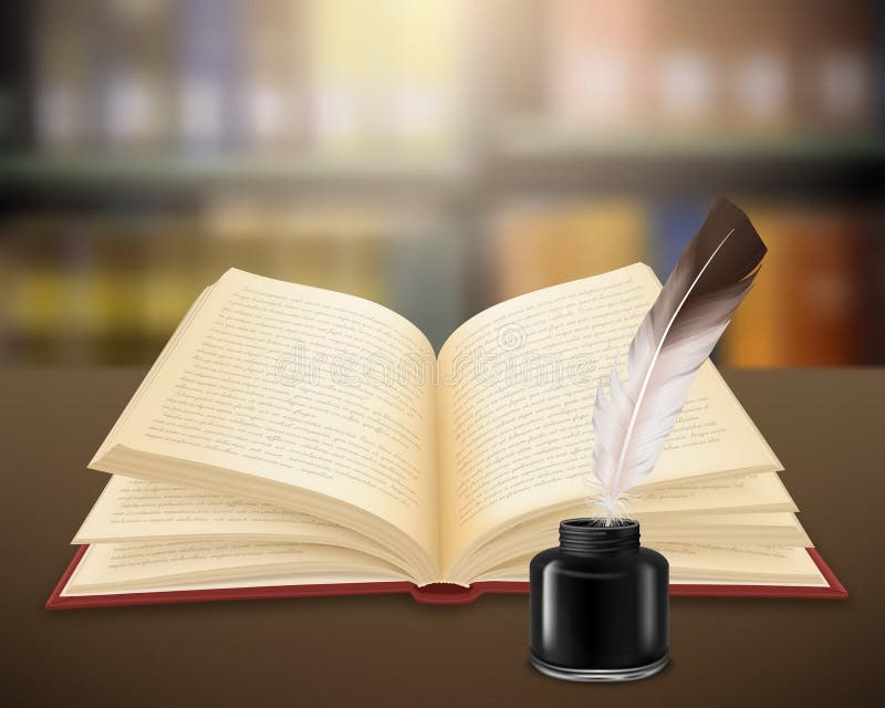 Hand Written Literary Work on Pages of Open Book with Feather and ...