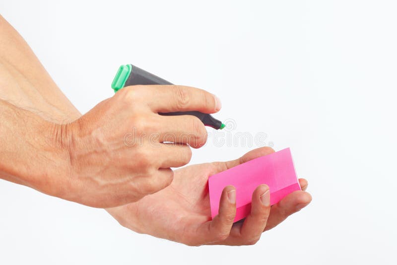 Hand Written Notes in Green Marker on a Red Sticker on White Background ...