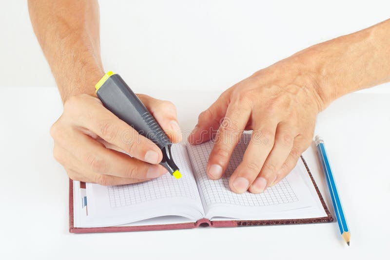 Hand Written Notes in Yellow Marker a Notebook on White Background ...