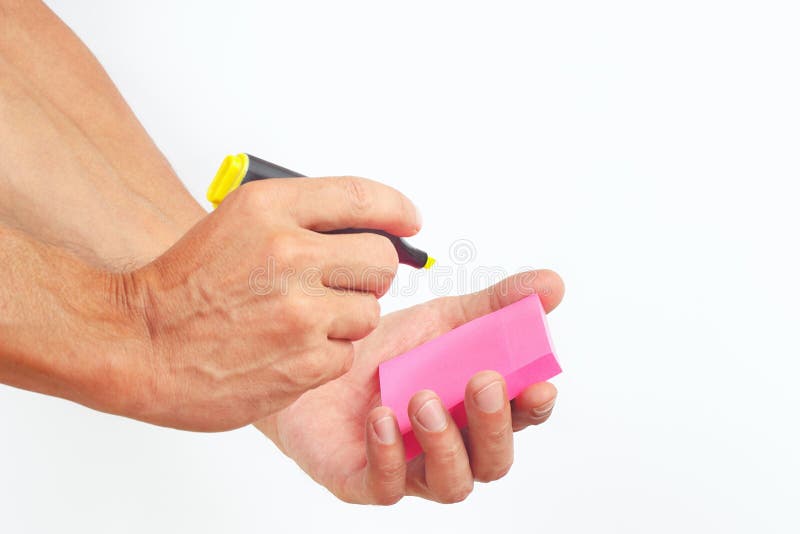 Hand Written Notes in Yellow Marker on a Pink Sticker on White ...