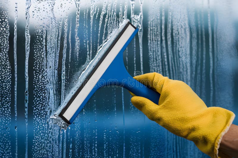 A Hand in Yellow Glove Uses Blue Squeegee with White Blade on Window ...