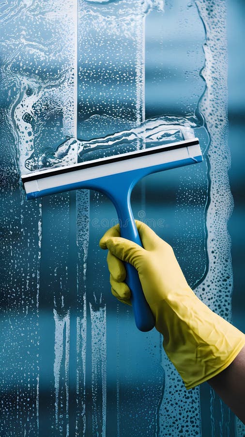 A Hand in Yellow Glove Uses Blue Squeegee with White Blade on Window ...