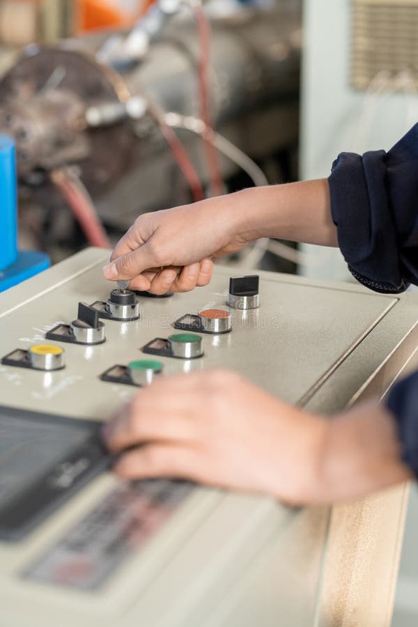 Hand of Young Female Worker Standing by Control Panel Preparing ...