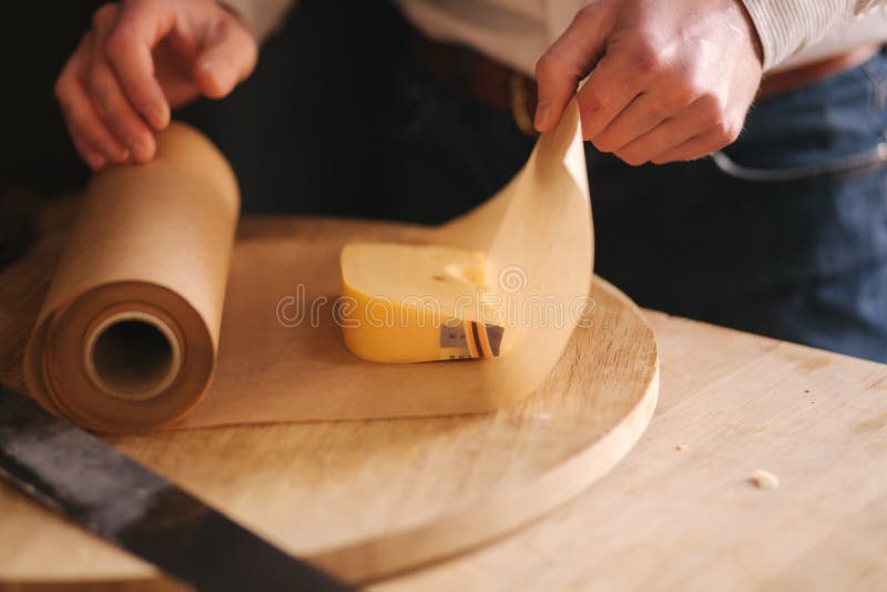 Hand of Young Man Packing Slice of Cheese Stock Image - Image of dairy ...