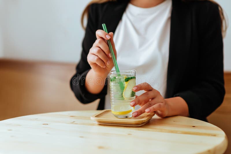 Hand of Young Woman Taking Jar of Lemonade Stock Image - Image of lime ...