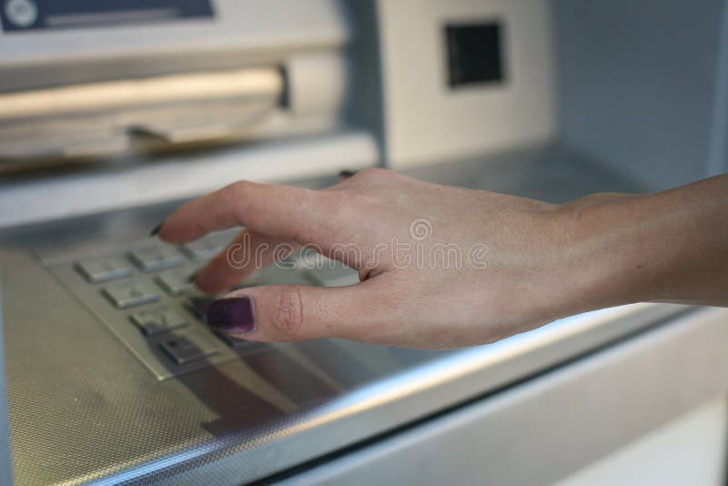 Hand of Woman Typing Security Code on Cash Machine. Stock Image - Image ...
