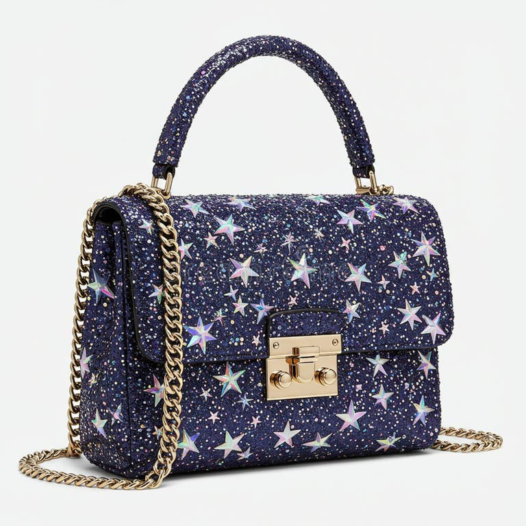 A Handbag with a Dark Blue Base Covered in Glitter, Featuring a Pattern ...