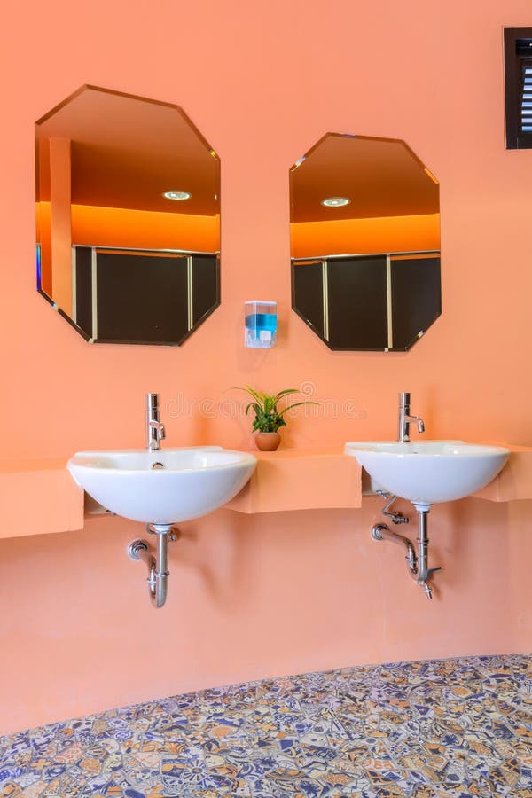 Handbasin and Mirror in Toilet Stock Image - Image of faucet, design ...