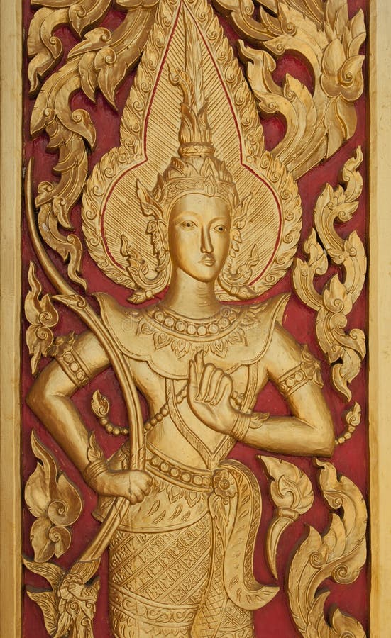 Golden God (Deva) on the Red Wall Thai Art Stock Photo - Image of ...