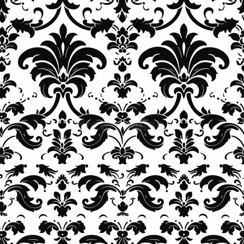 Handcrafted Black and White Floral Wallpaper with Rococo Ornamentation ...