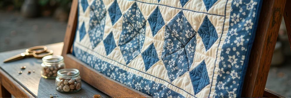 Handcrafted Blue and White Patchwork Quilt with Floral Design on Wooden ...