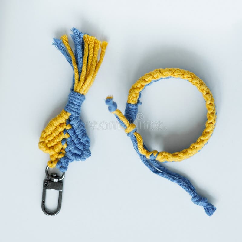 Handcrafted Blue and Yellow Macrame Keychain and Bracelet on a White ...
