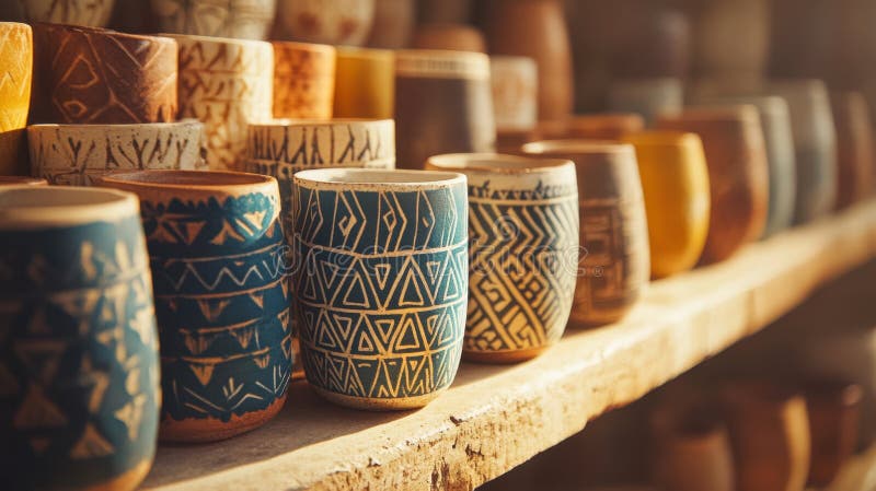 Handcrafted Ceramic Mugs with Geometric Patterns in Warm Sunlight Stock ...