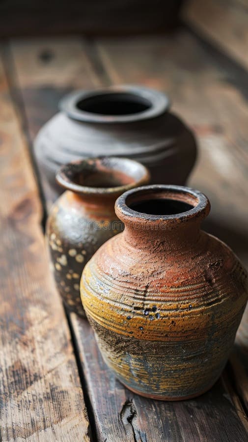 Handcrafted Ceramic Pots on Rustic Wooden Surface, Artistic Pottery and ...