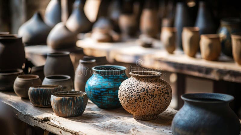 Handcrafted Ceramic Pottery Displayed on Wooden Table Stock Photo ...