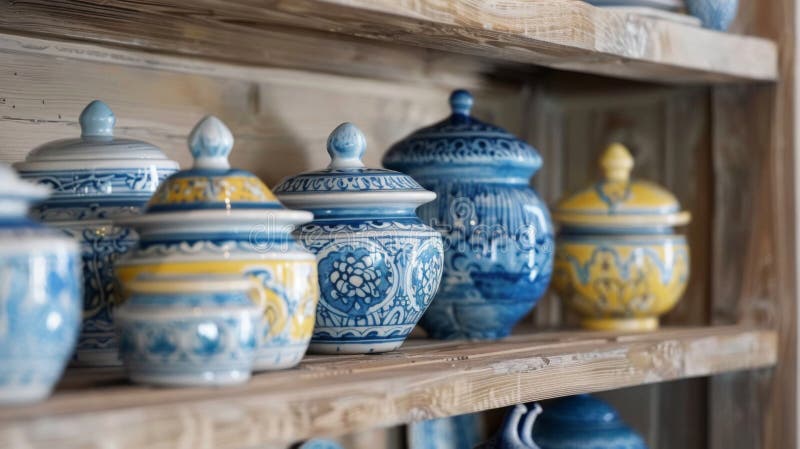 Handcrafted Ceramic Pottery with Traditional Blue Patterns on Shelves ...