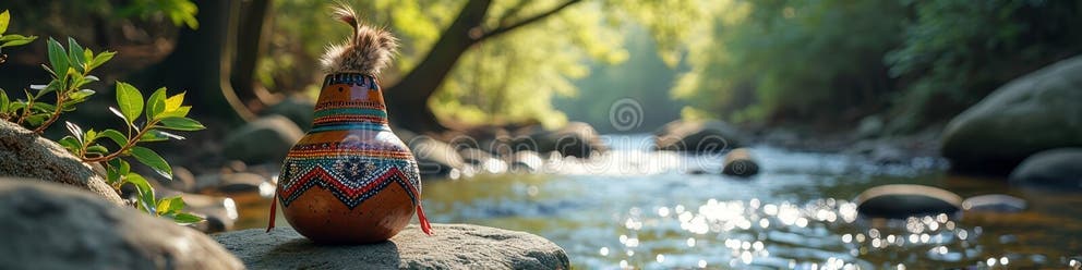 Handcrafted Clay Pot with Feathers by Sunlit Forest Stream Stock Photo ...