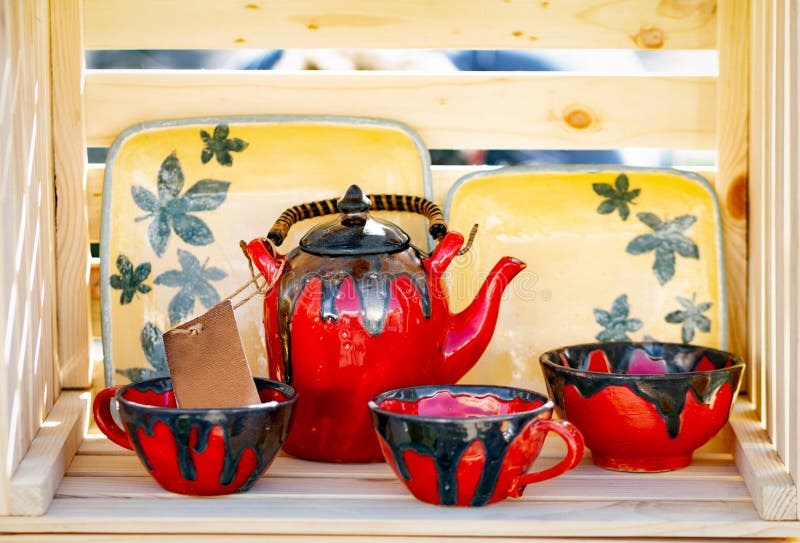 Handcrafted clay tea set stock photo. Image of domestic - 131585028