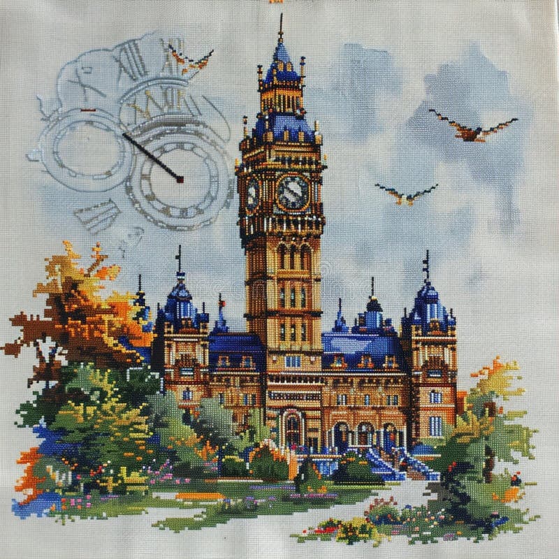 Handcrafted Cross Stitch Art Featuring a Charming Clock Tower Stock Illustration - Illustration ...