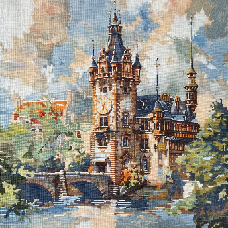 Handcrafted Cross Stitch Art Featuring a Charming Clock Tower Stock Illustration - Illustration ...