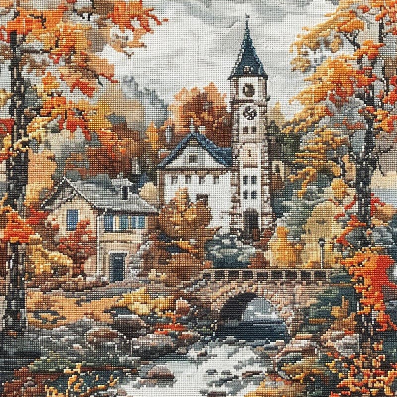 Handcrafted Cross Stitch Art Featuring a Charming Clock Tower Stock ...