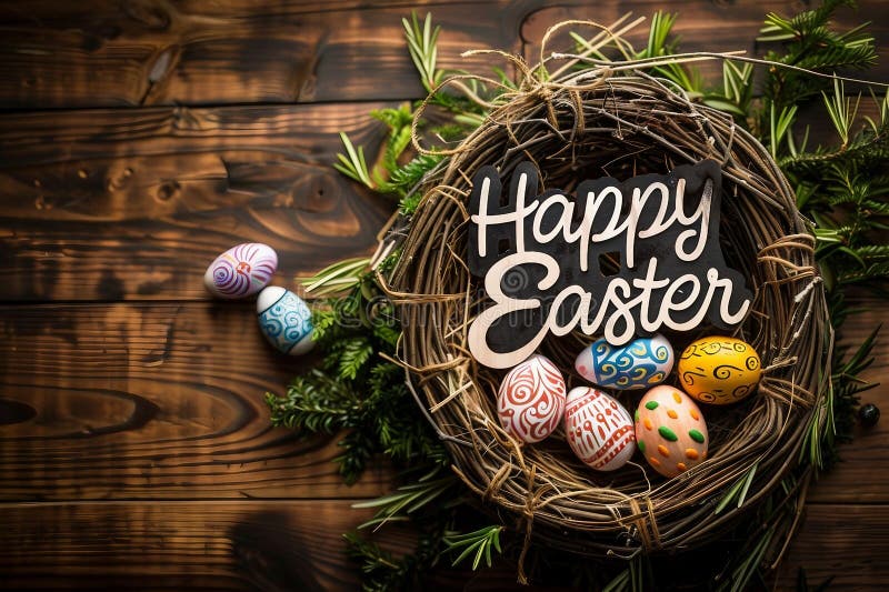 Handcrafted Easter Eggs and Rustic Wooden "Happy Easter" Sign on Wooden ...