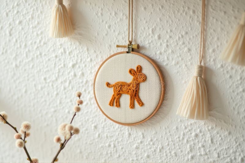 Handcrafted Embroidery Hoop Wall Art with Brown Yarn Animal Design ...