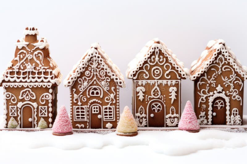Handcrafted Gingerbread Houses on Snowy White Background Stock Photo ...
