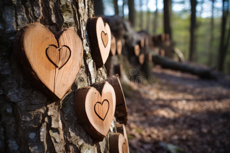 Handcrafted Heart Shapes Carved on a Tree Trunk Stock Illustration ...