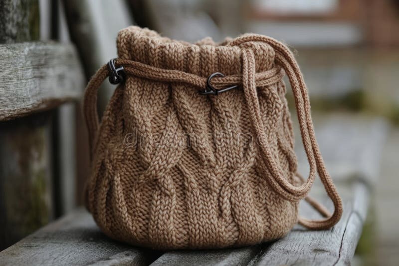 Handcrafted Knitted Bag with a Cable Knit Design and Drawstring Closure ...