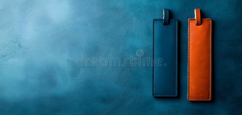Handcrafted Leather Bookmarks in Blue and Orange Against a Textured ...