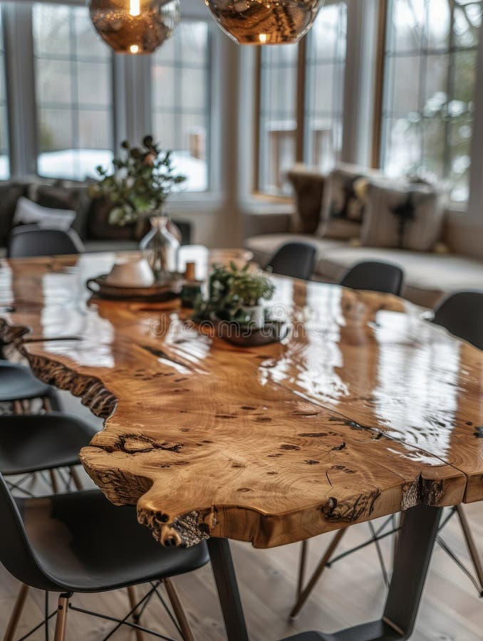 Handcrafted Live Edge Wooden Table in a Stylish Dining Room. Stock ...