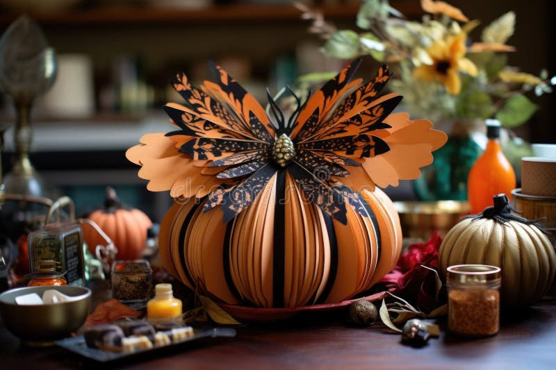 Handcrafted Paper Pumpkin Centerpiece Surrounded by Crafting Materials ...