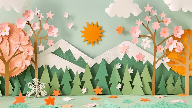 Handcrafted Paper Spring Scenery with Mountains and Blossoming Trees ...