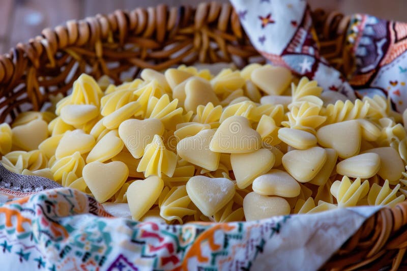 Handcrafted Pasta Hearts in a Fabriclined Wicker Basket Stock Photo ...
