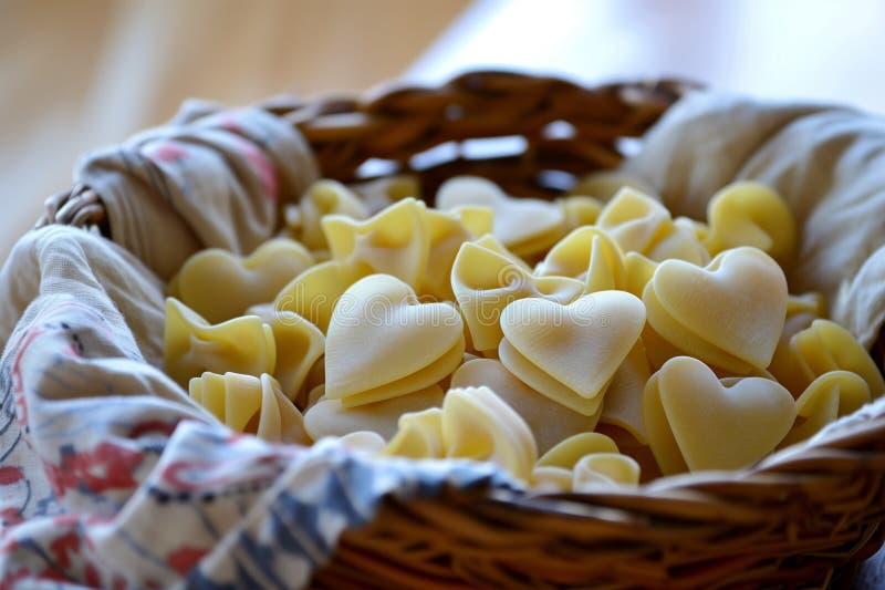 Handcrafted Pasta Hearts in a Fabriclined Wicker Basket Stock Photo ...