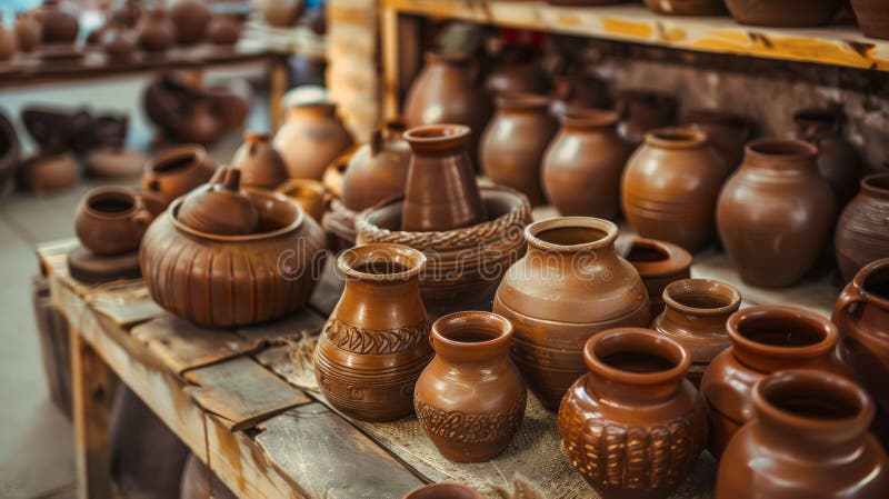 Handcrafted Pottery Display on Wooden Table Stock Photo - Image of ...
