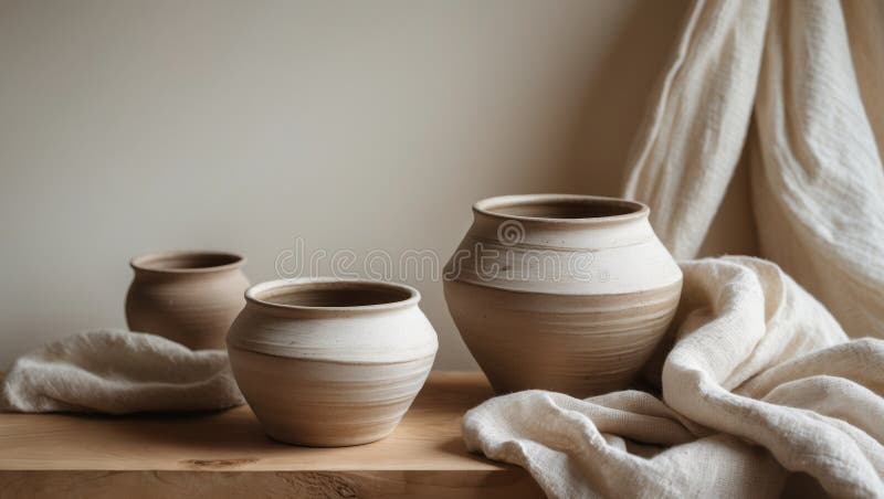 Handcrafted Pottery Linen Fabric and Wooden Surface Still Life Stock ...