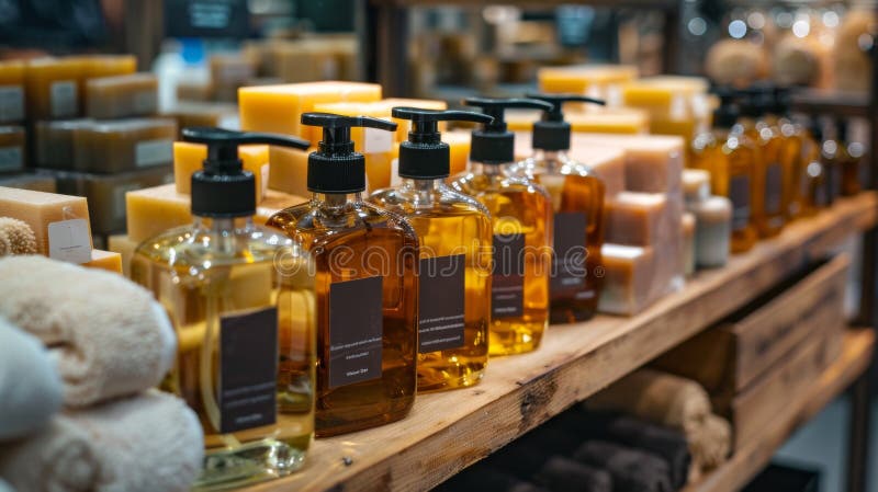 Handcrafted Soap and Liquid Soap Bottles on Rustic Display Stock Photo ...