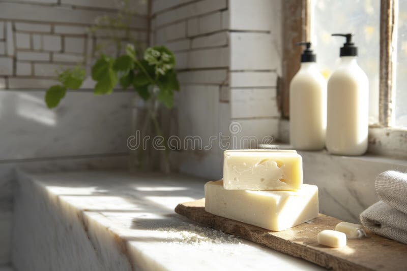 Artisanal Soap Stack in Sunlit Rustic Bathroom Stock Photo - Image of ...