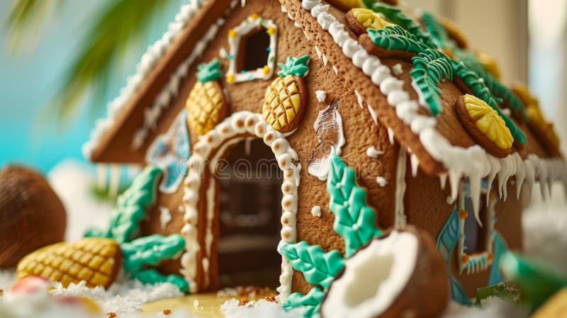 Handcrafted Tropical Gingerbread House with Decorations and Sandy Beach ...