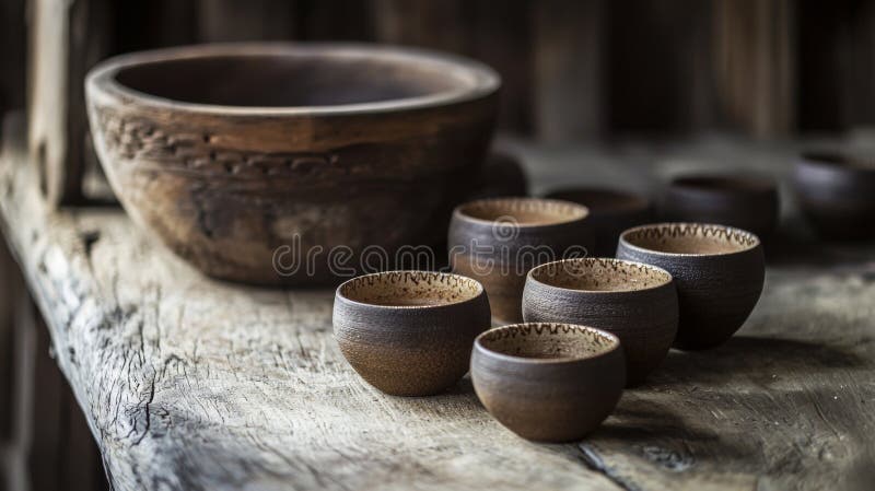 Handcrafted Wooden Bowls on a Rustic Wooden Table Stock Image - Image ...