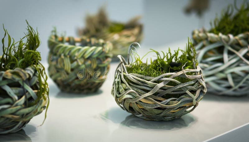Handcrafted Woven Baskets with Moss Displayed on a Table at a Craft ...
