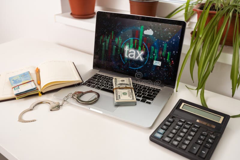 Handcuff on the Laptop, Money and Taxes Stock Image - Image of security ...