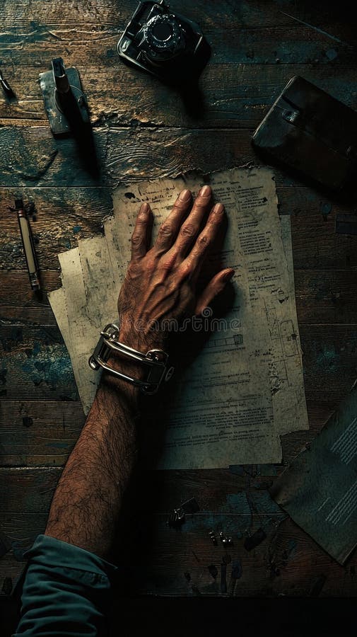 Handcuffed Man Pressing Hand on Aged Documents at Desk Stock Photo ...