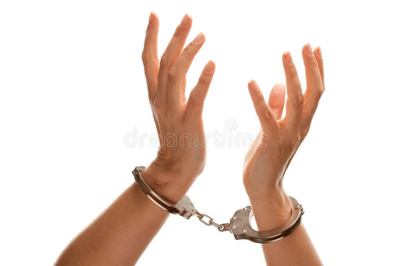 Handcuffed Woman Raising Hands in Air on White Stock Photo - Image of ...
