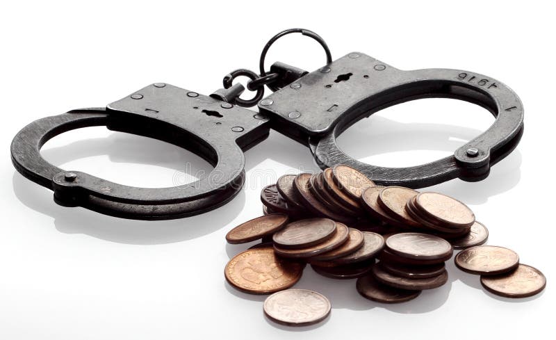 Handcuffs and Coins on White Stock Image - Image of irons, reflection ...
