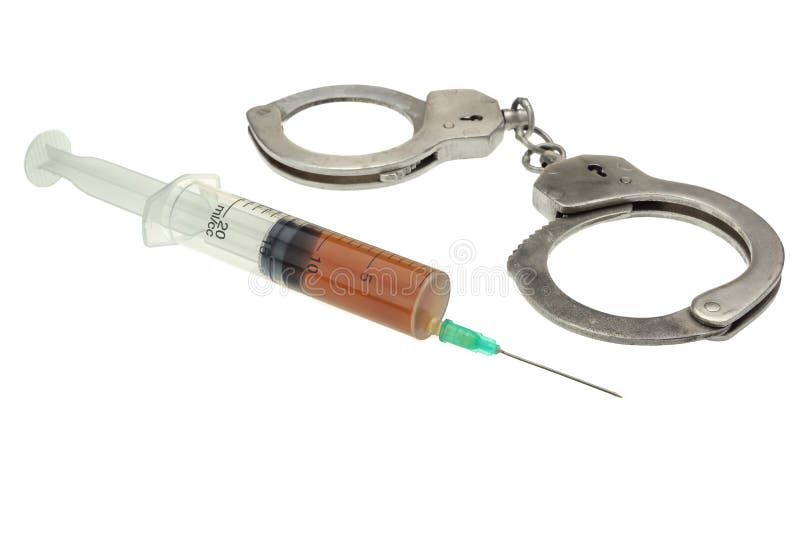 Handcuffs and Syringe with Brown Liquid Isolated Stock Image - Image of ...